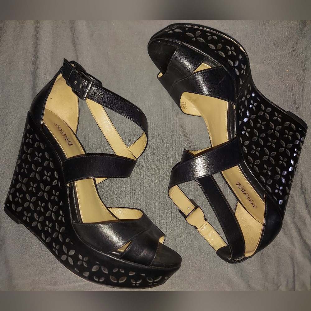 Michael Kors Laser Cut Black Platform Wedges Silver E… - Gem